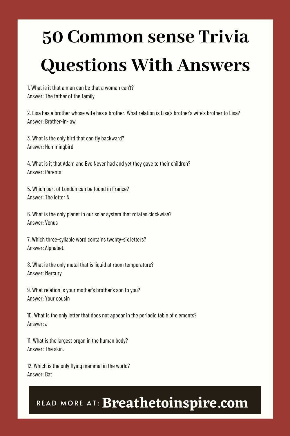 50 Common Sense Trivia Questions And Answers Breathe To Inspire